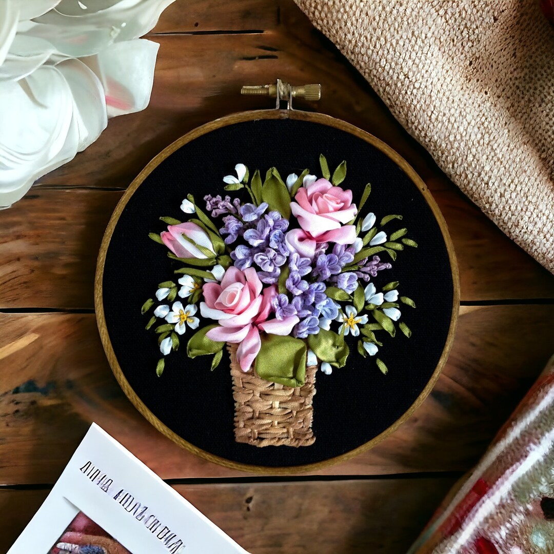 Chic Ribbons Embroidery Picture, Cottage Style Above Bed Decoration ...