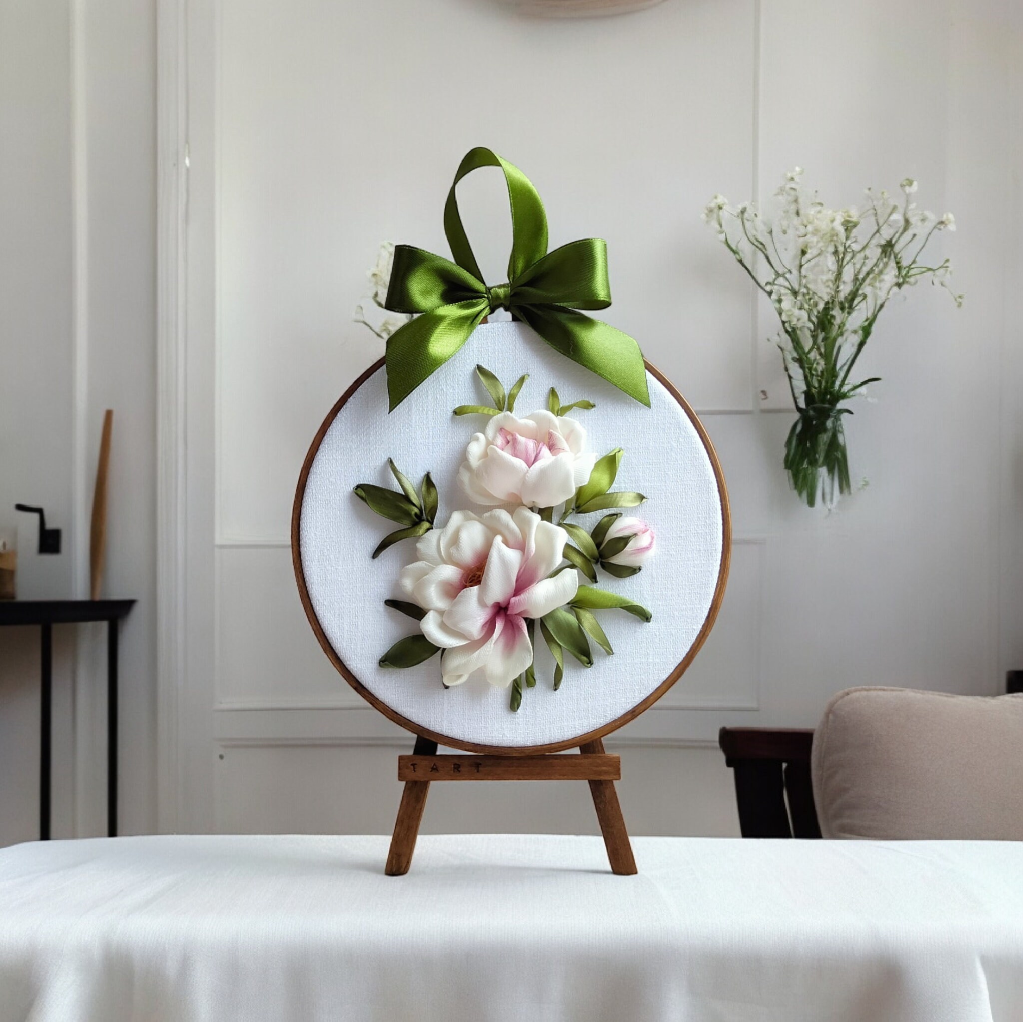 Peony Embroidery Hoop Art, Ribbons Wall Picture, Farmhouse Decor. - Etsy