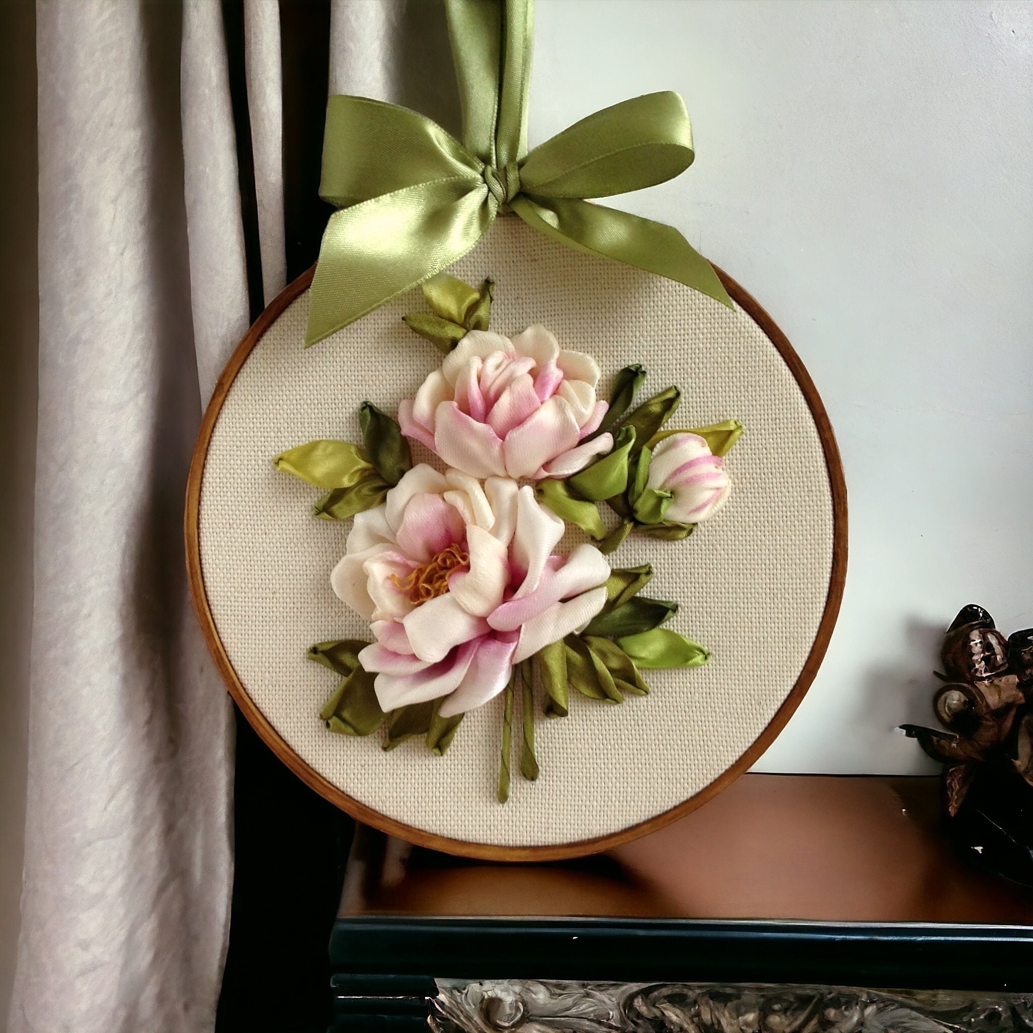Peony Embroidery Hoop Art, Ribbons Wall Picture, Farmhouse Decor. - Etsy