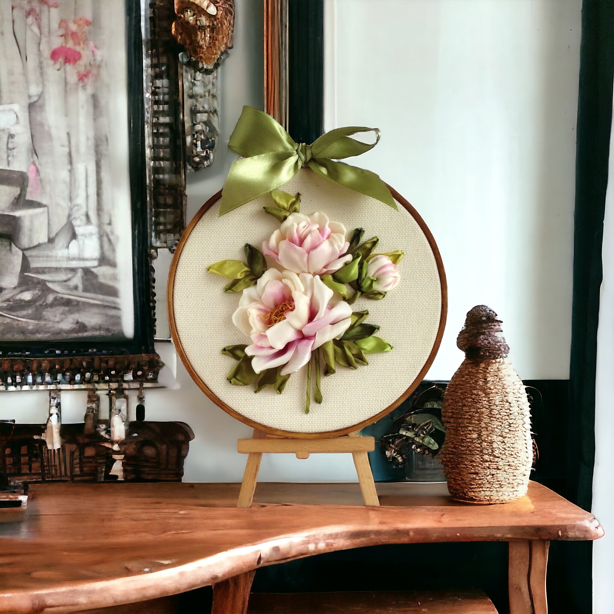 Peony Embroidery Hoop Art, Ribbons Wall Picture, Farmhouse Decor. - Etsy