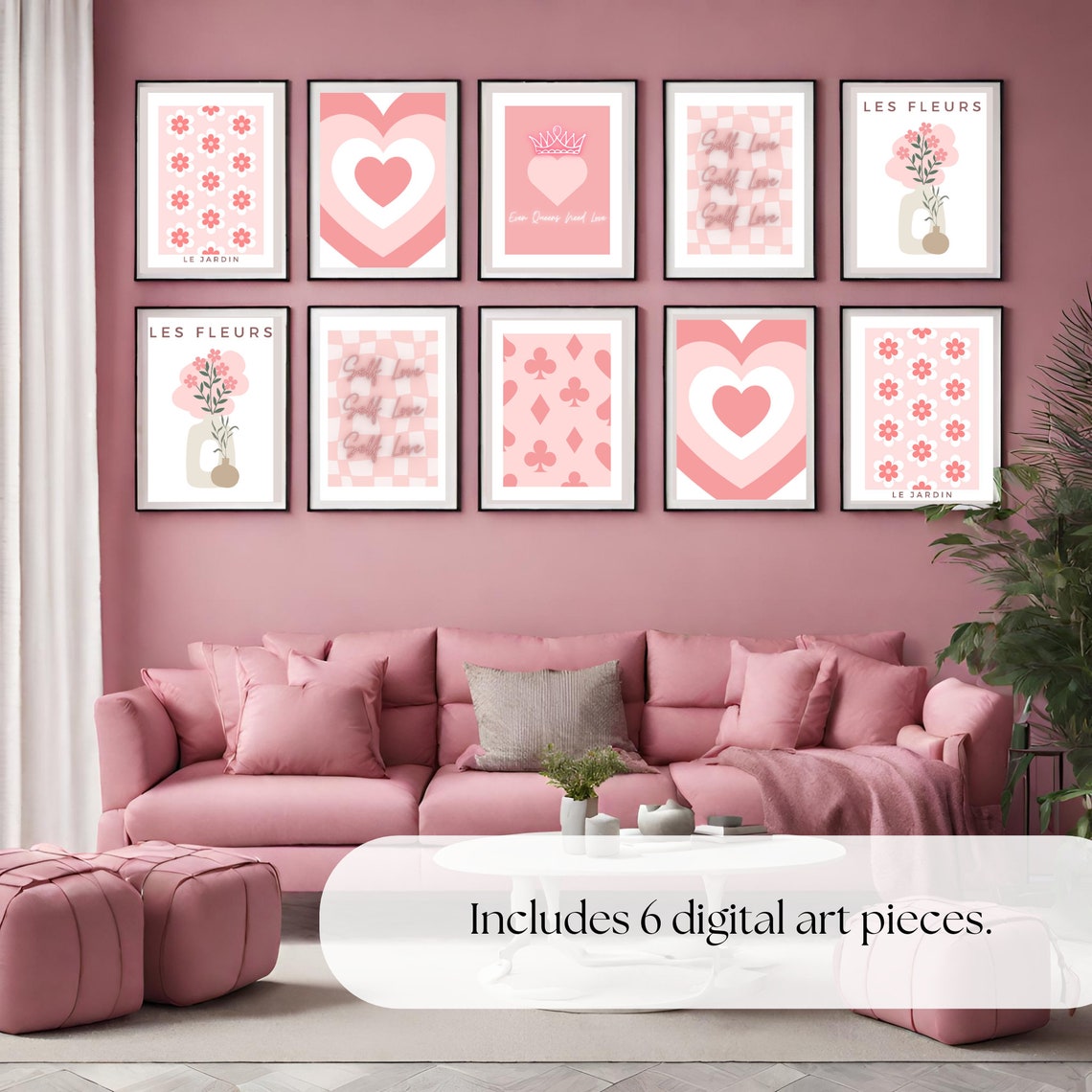 Pink Retro Prints Set of 6 Trendy Room Decor Pink Hearts Playing Cards ...