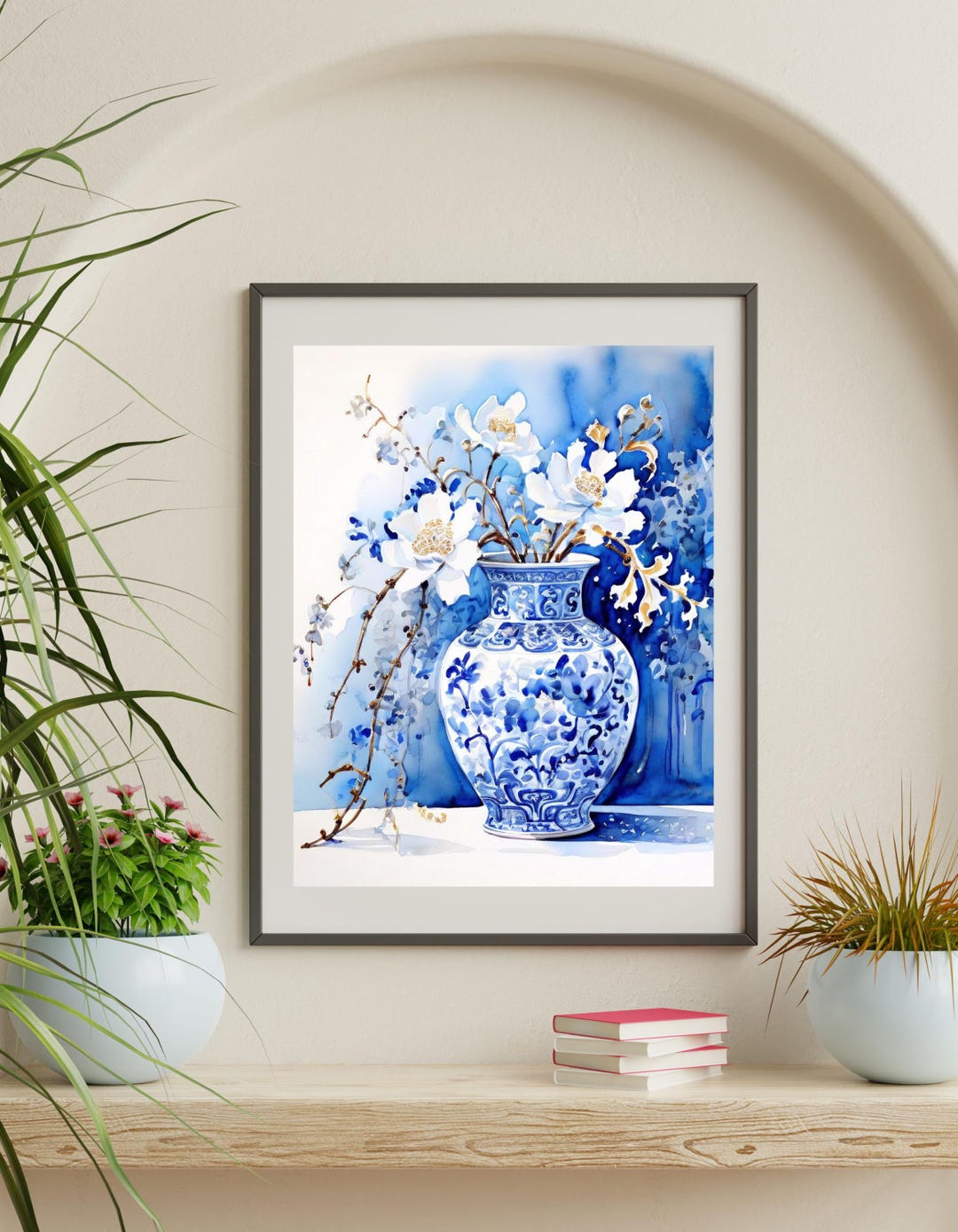 Chinoiserie Blue and White Floral Vase Minimalist PNG Preppy ...