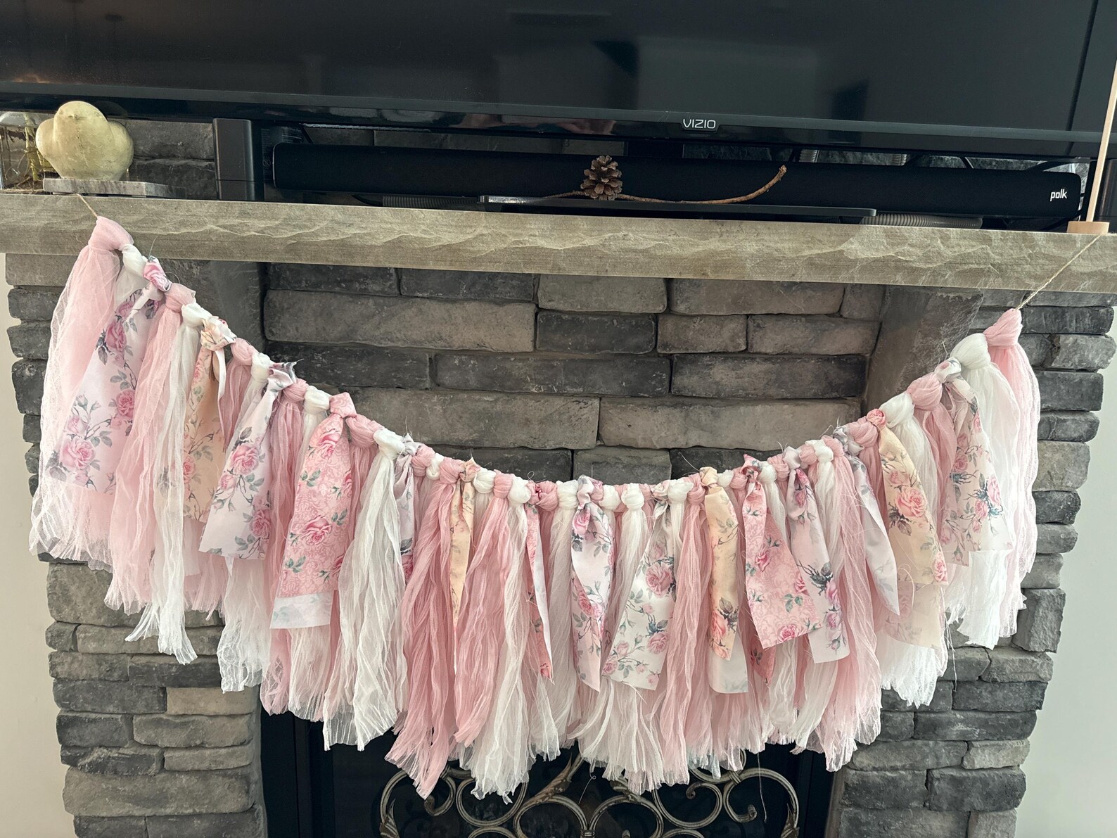 Blush Pink Rag Bow Shabby Farmhouse Floral Roses and White Rag Bow ...