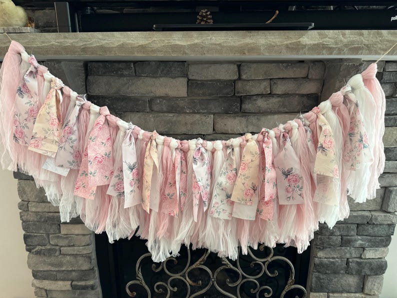 Blush Pink Rag Bow Shabby Farmhouse Floral Roses and White Rag Bow ...