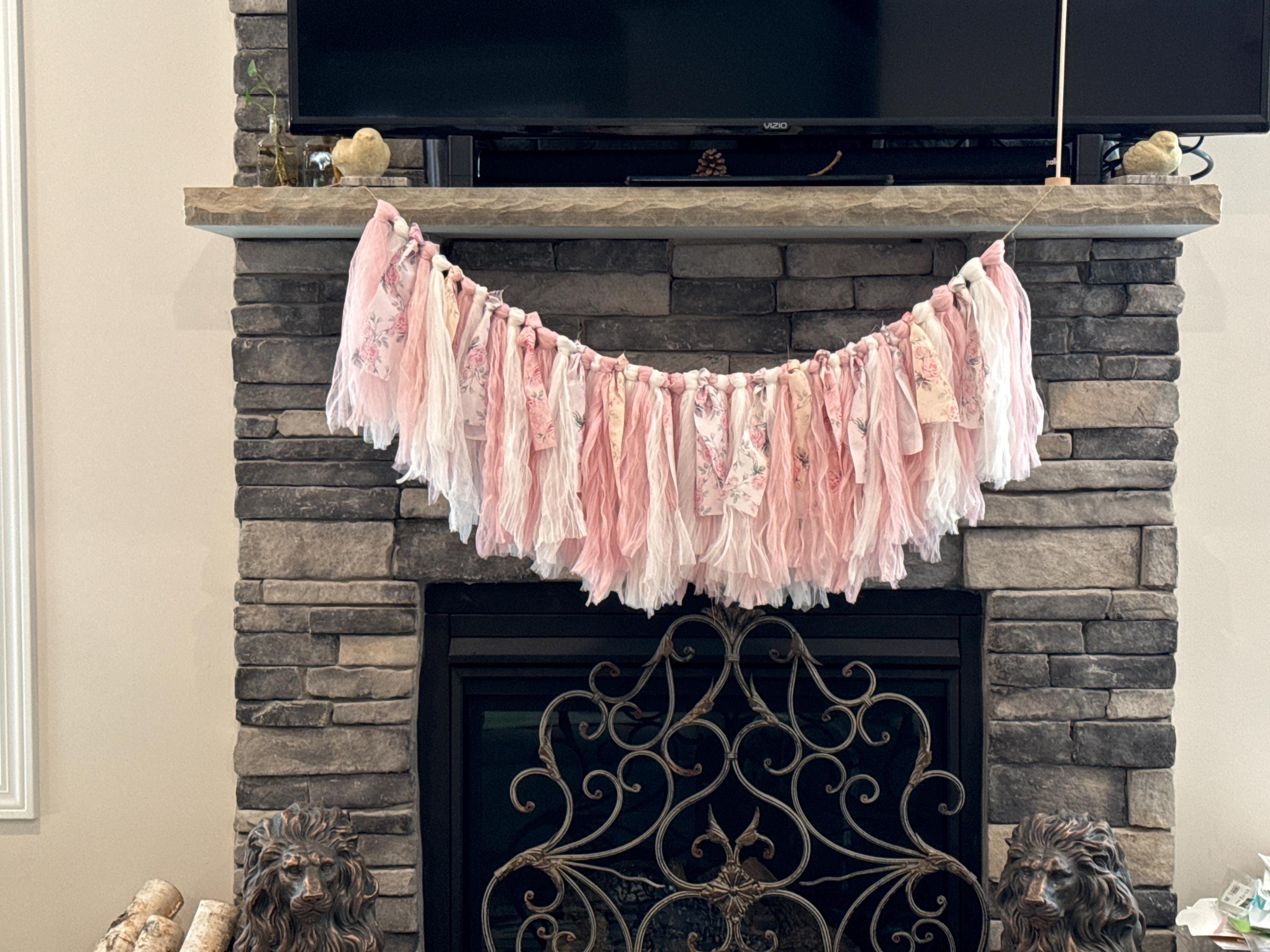 Blush Pink Rag Bow Shabby Farmhouse Floral Roses and White Rag Bow ...