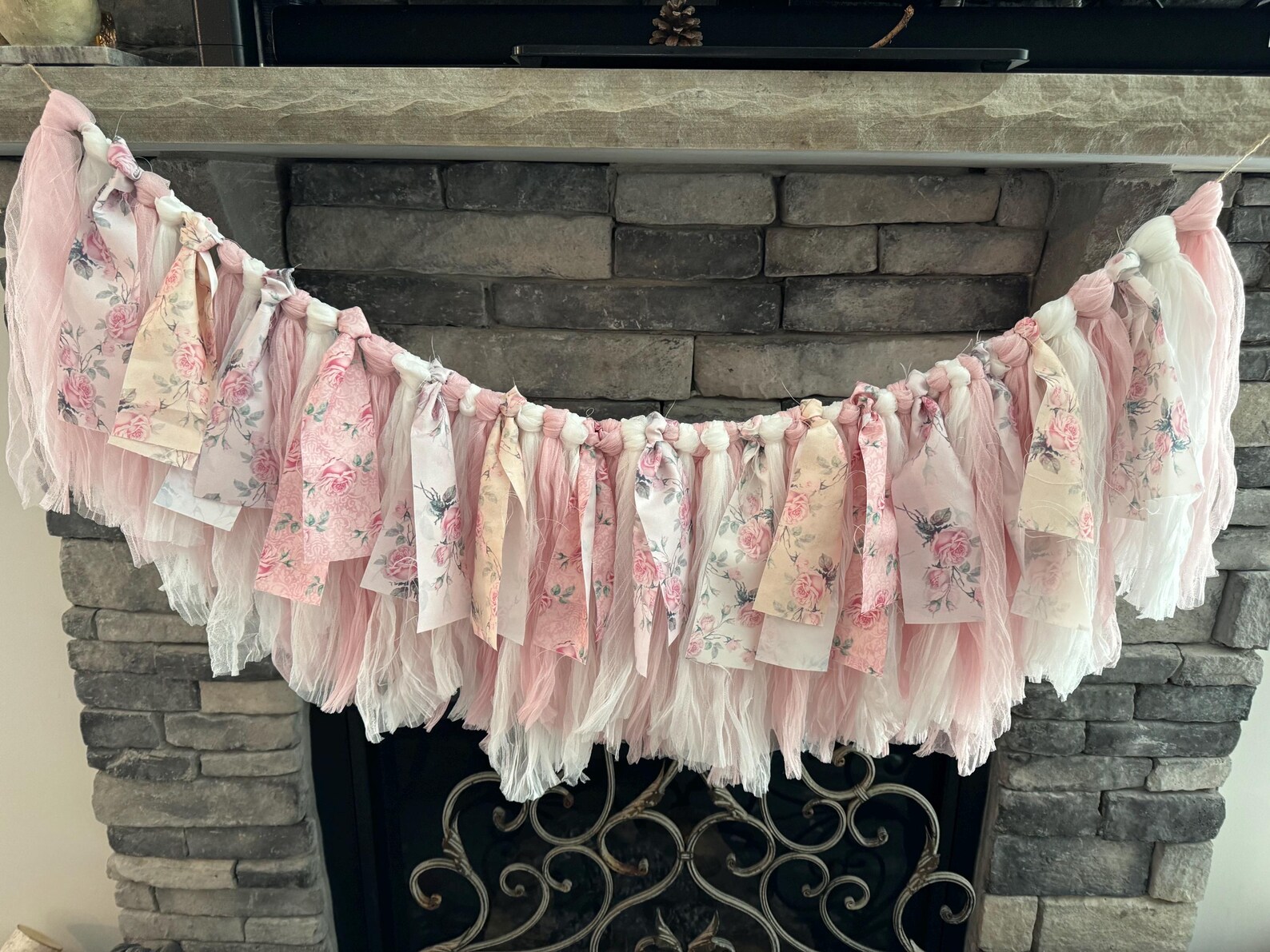 Blush Pink Rag Bow Shabby Farmhouse Floral Roses and White Rag Bow ...