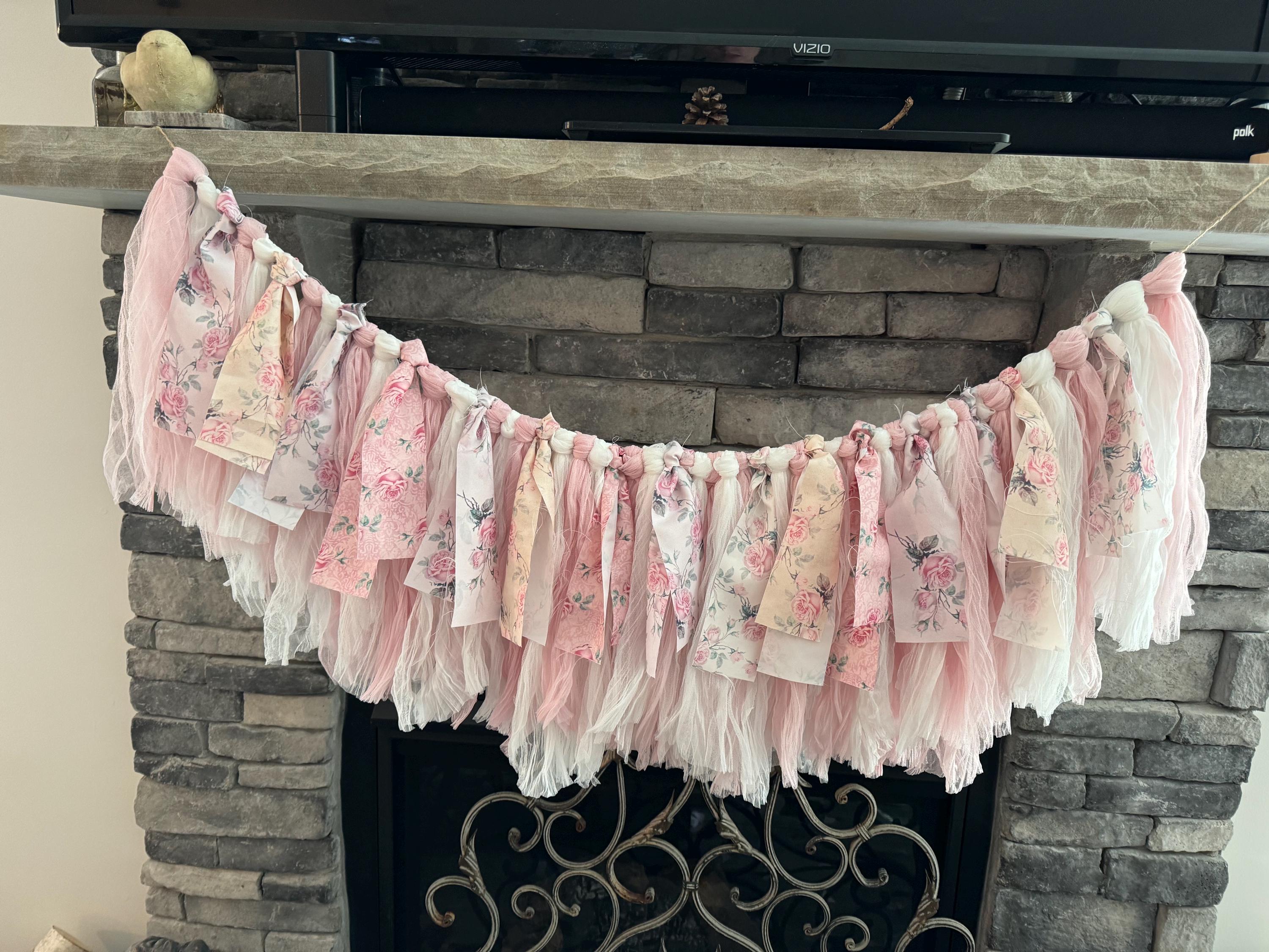 Blush Pink Rag Bow Shabby Farmhouse Floral Roses and White Rag Bow ...