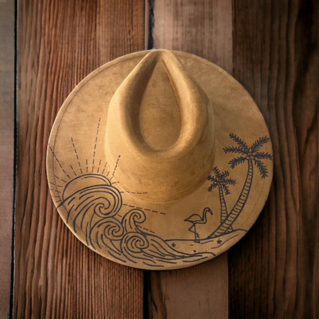 Hand Burned Wide Brim Fedora- Palm Tree & Flamingo - Etsy