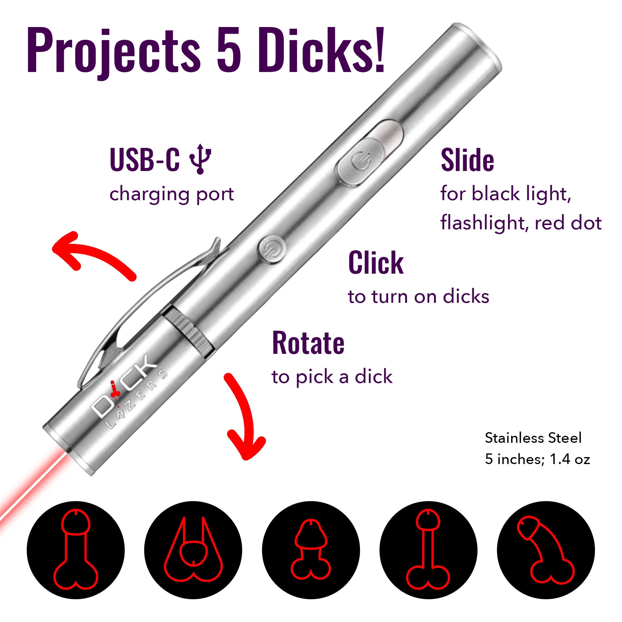 Dick Lazers - Dick Projecting Laser Pointer/flashlight, 1 Laser + 5 ...