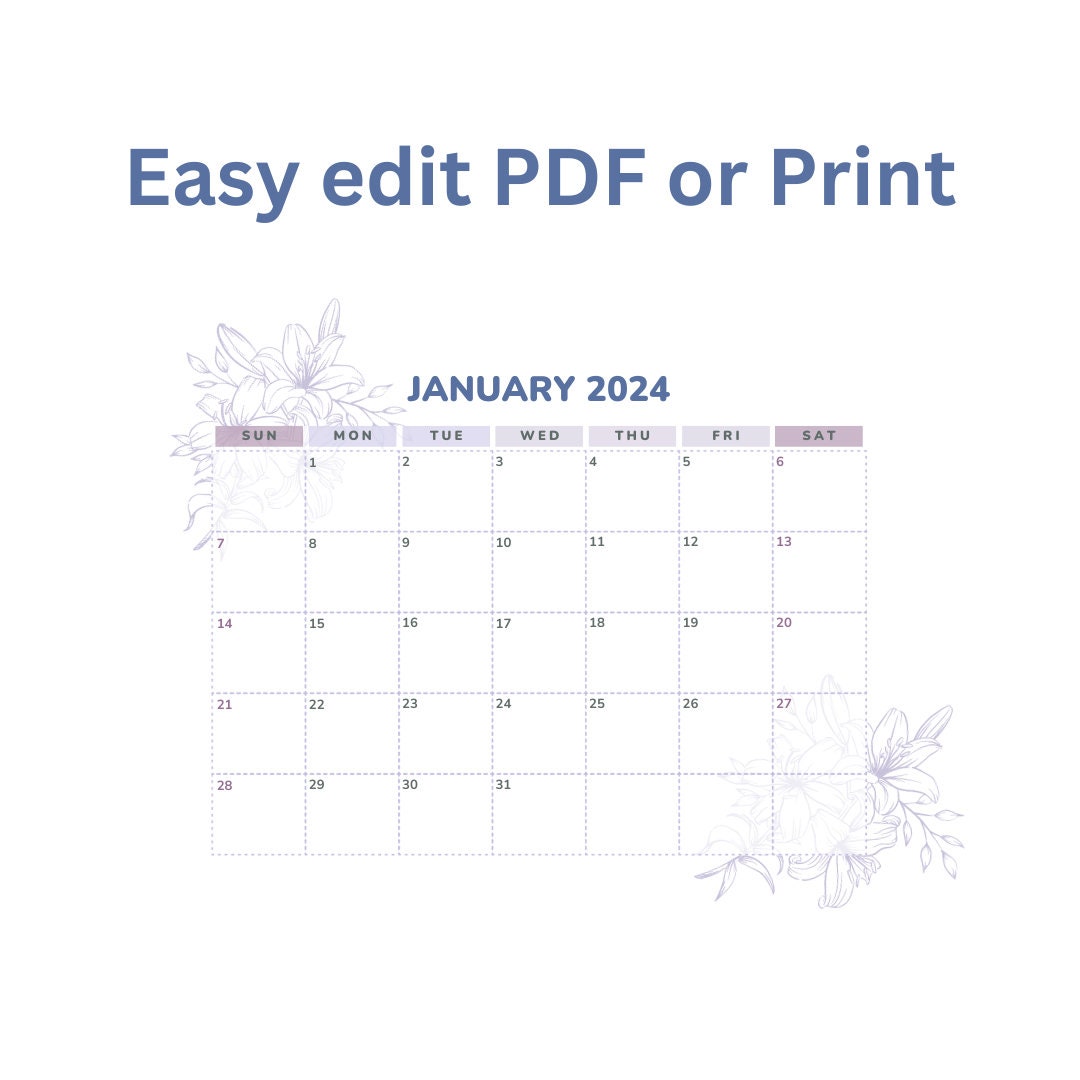 2024 Printable Calendar, Blank Horizontal Family Calendar, Floral ...
