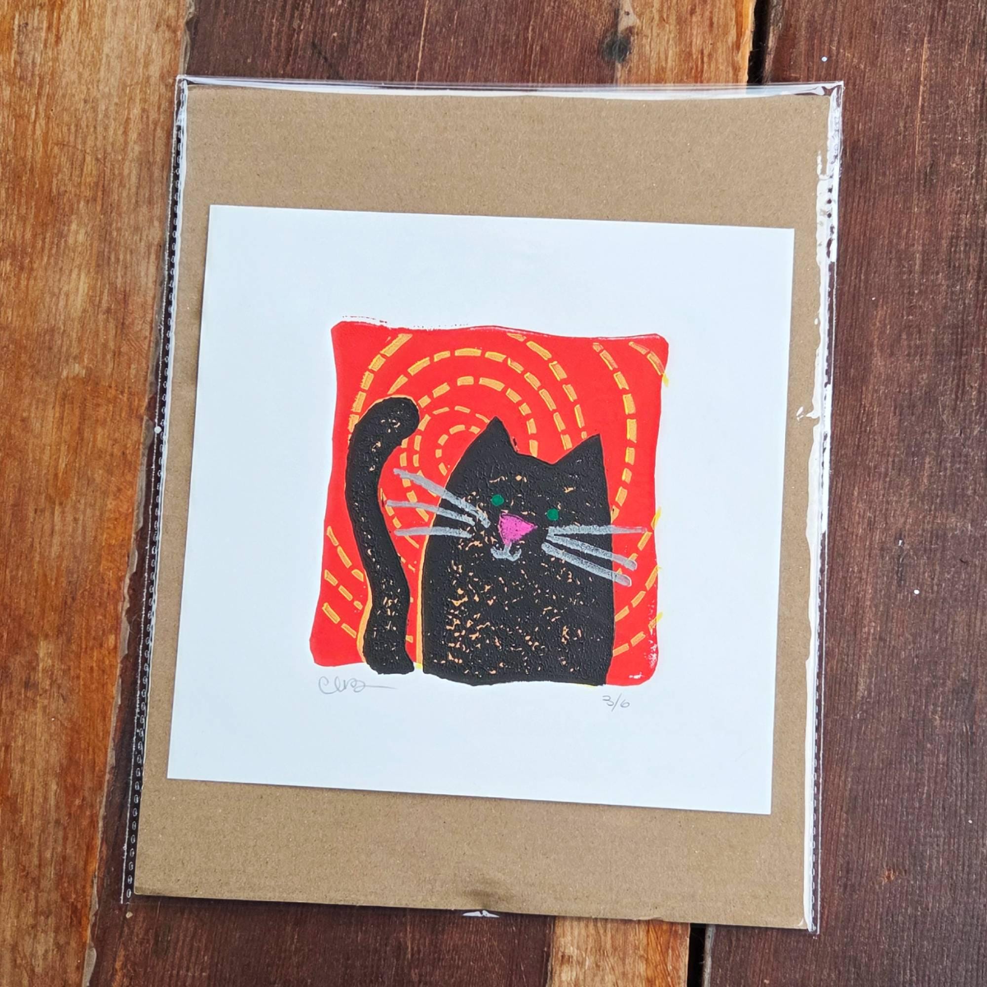 Black Cat Block Print, Block Print Art Original, FREE SHIPPING, Black ...
