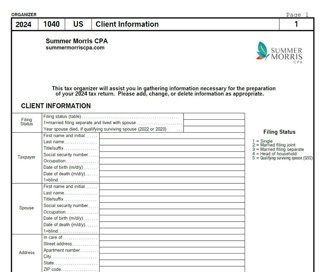 2024 Income Tax Return Organizer - Prepared by CPA - for Business ...