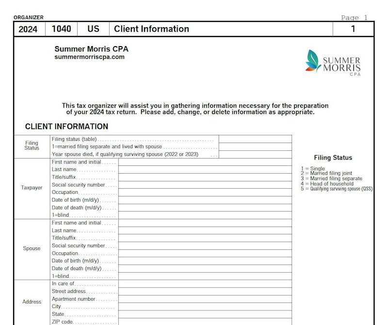 2024 Income Tax Return Organizer - Prepared by CPA - for Business ...