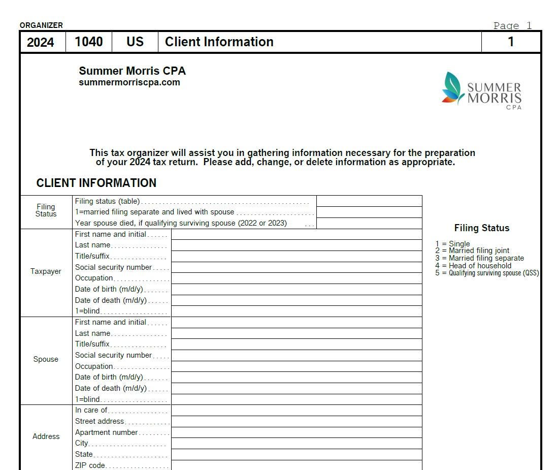 2024 Income Tax Return Organizer - Prepared by CPA - for Business ...