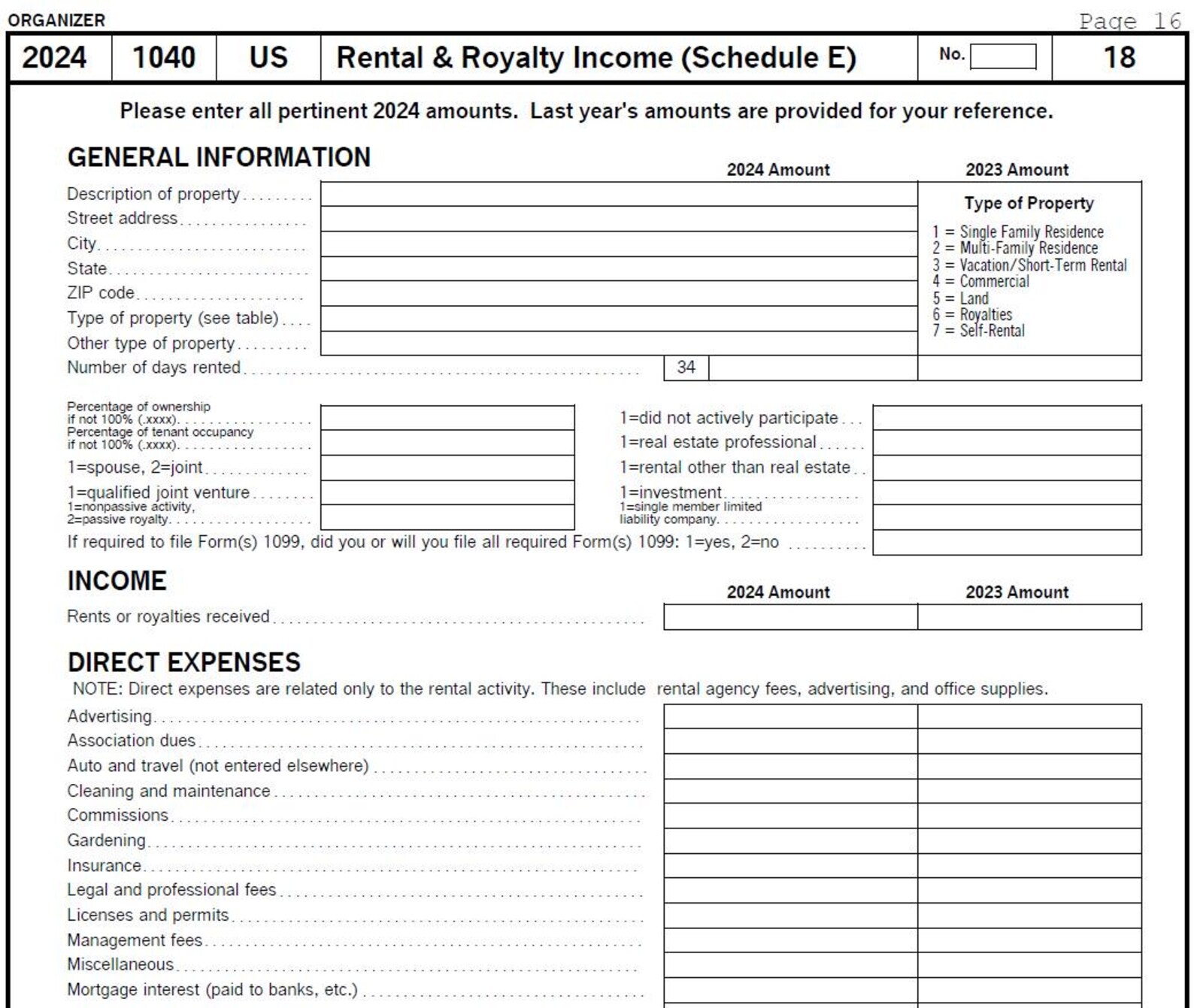 2024 Income Tax Return Organizer - Prepared by CPA - for Business ...