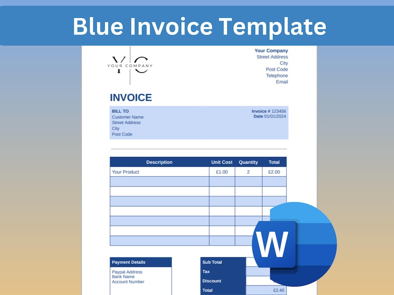 Blue Invoice Template: A4 Printable, Editable in Word & Google Docs - Etsy