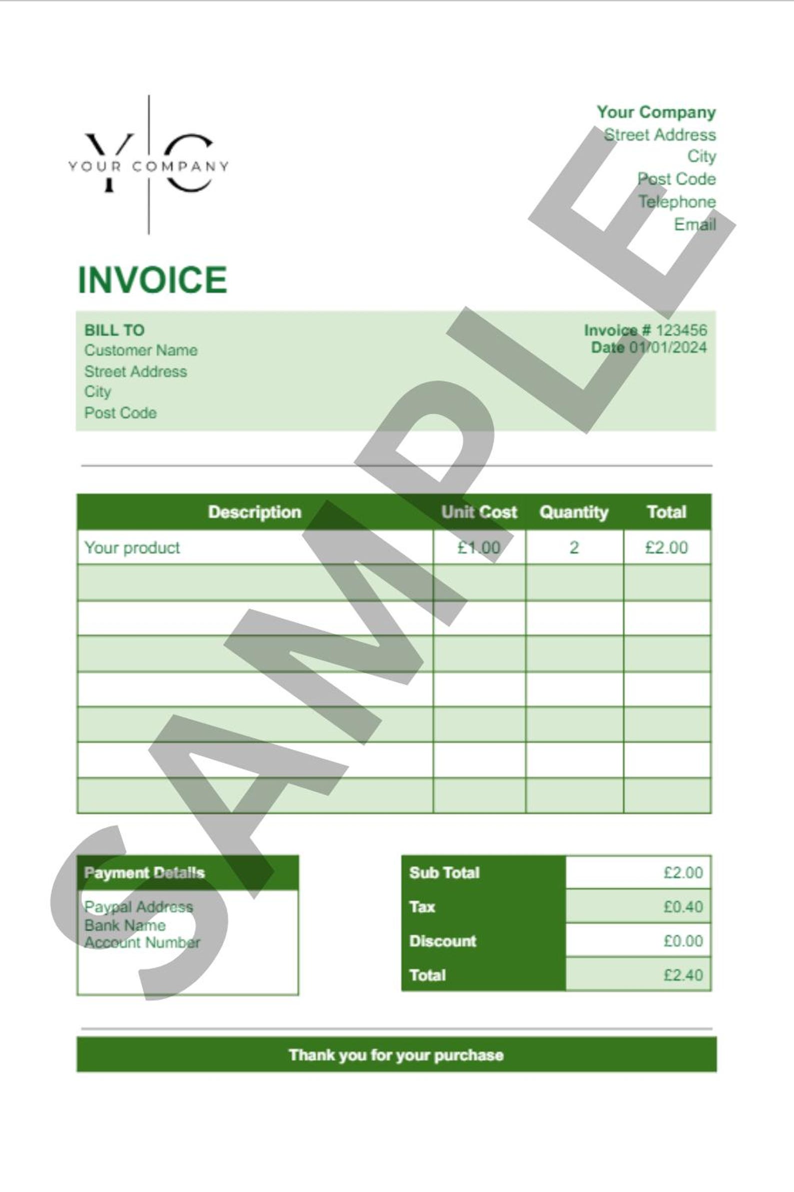 Invoice Template Form Green Printable and Editable in Microsoft Word ...