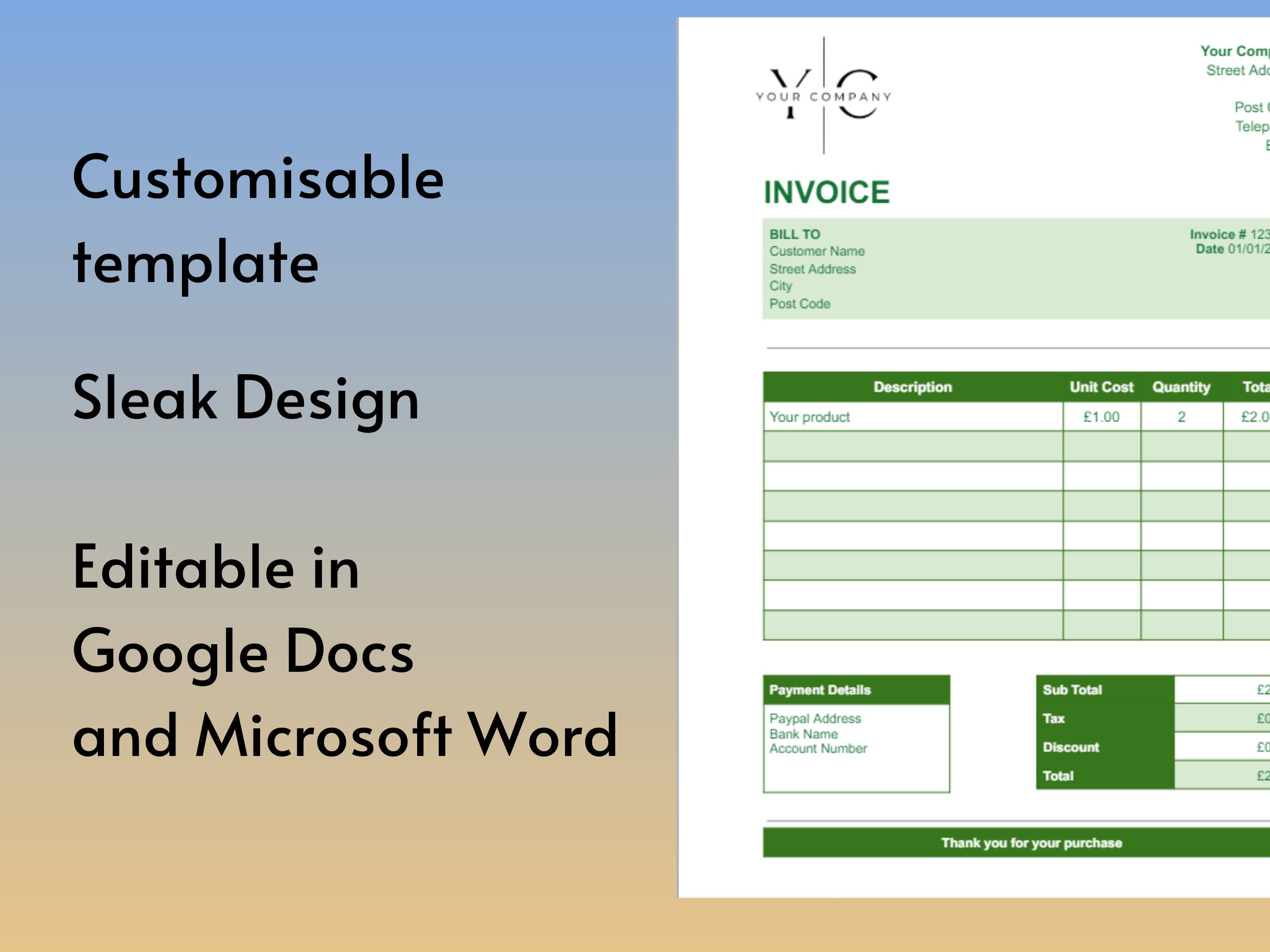 Invoice Template Form Green - Printable and Editable in Microsoft Word ...