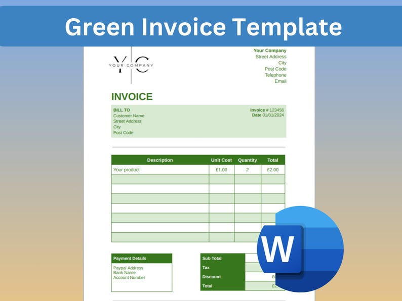 Invoice Template Form Green Printable and Editable in Microsoft Word ...