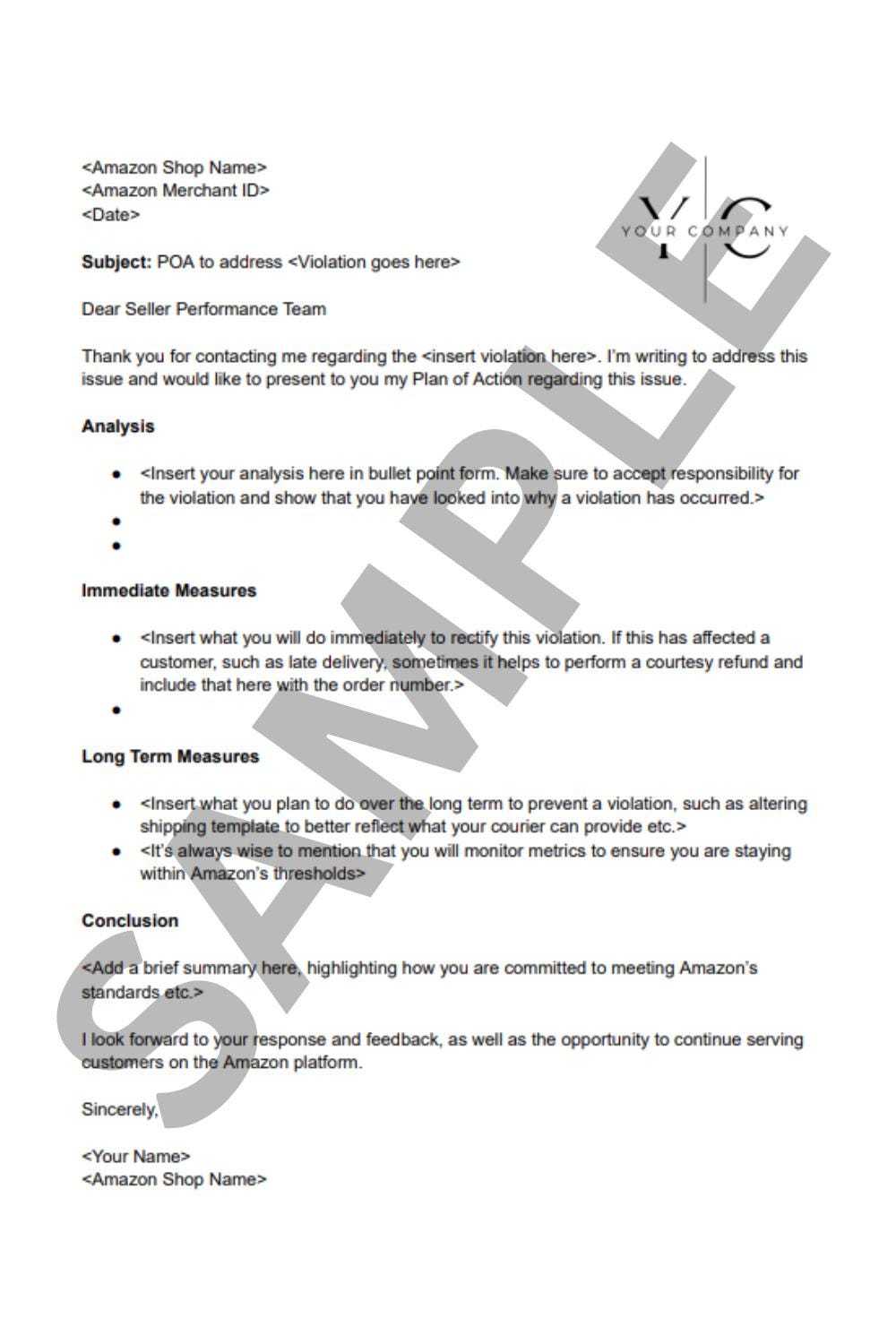 Amazon Plan of Action Letter Template (google Docs & Microsoft Word) - Etsy