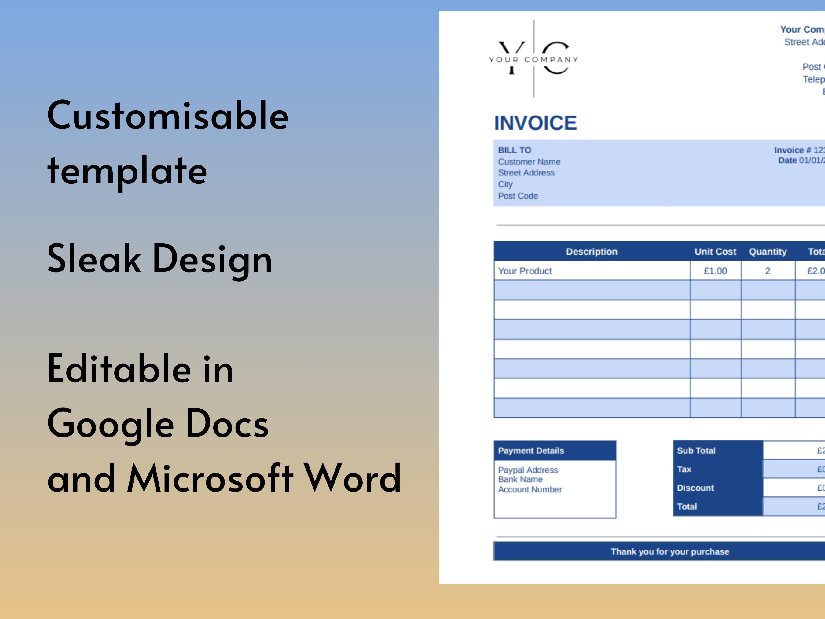 Blue Invoice Template: A4 Printable, Editable in Word & Google Docs - Etsy