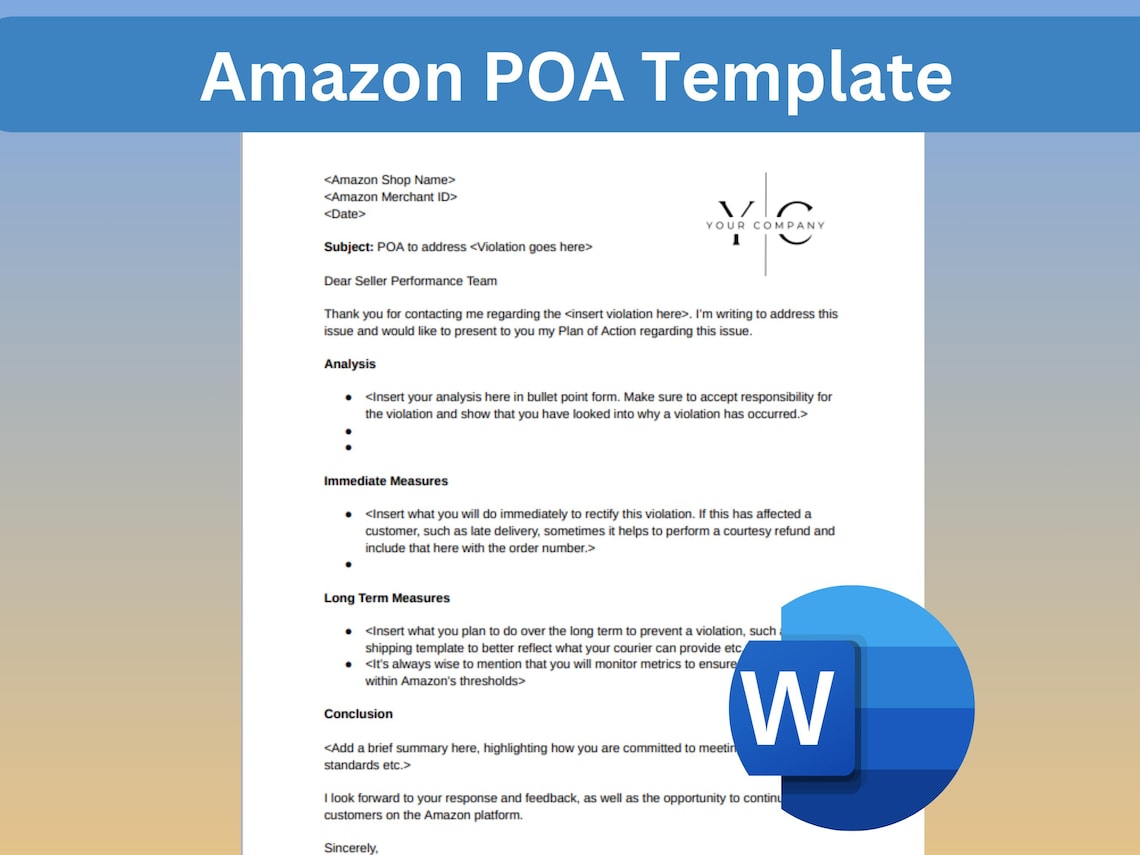 Amazon Plan of Action Letter Template (google Docs & Microsoft Word) - Etsy