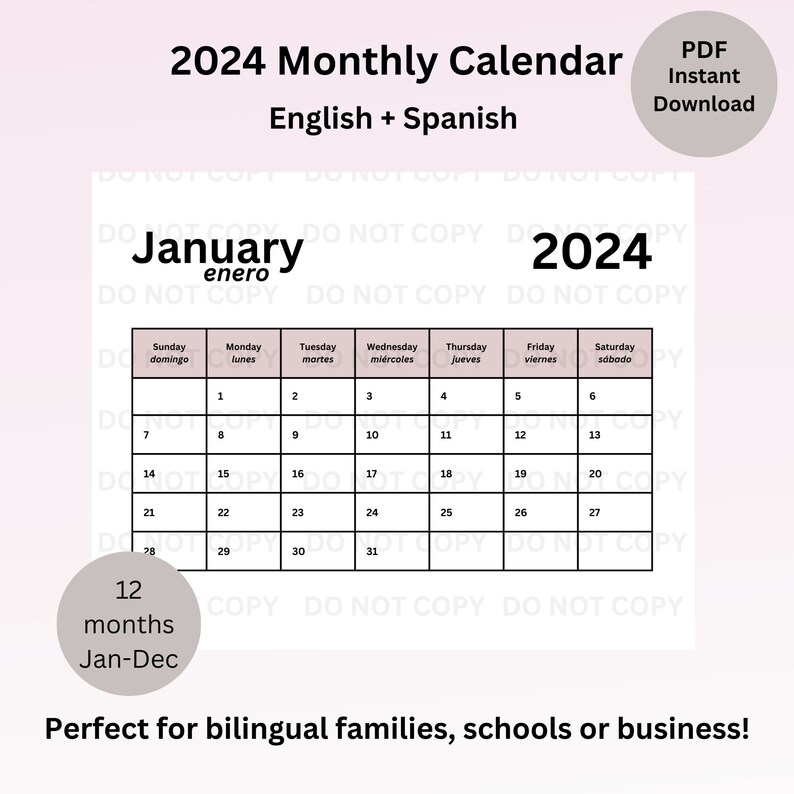 2024 Calendar Printable and PDF Bilingual Monthly Planner Desk Calendar ...