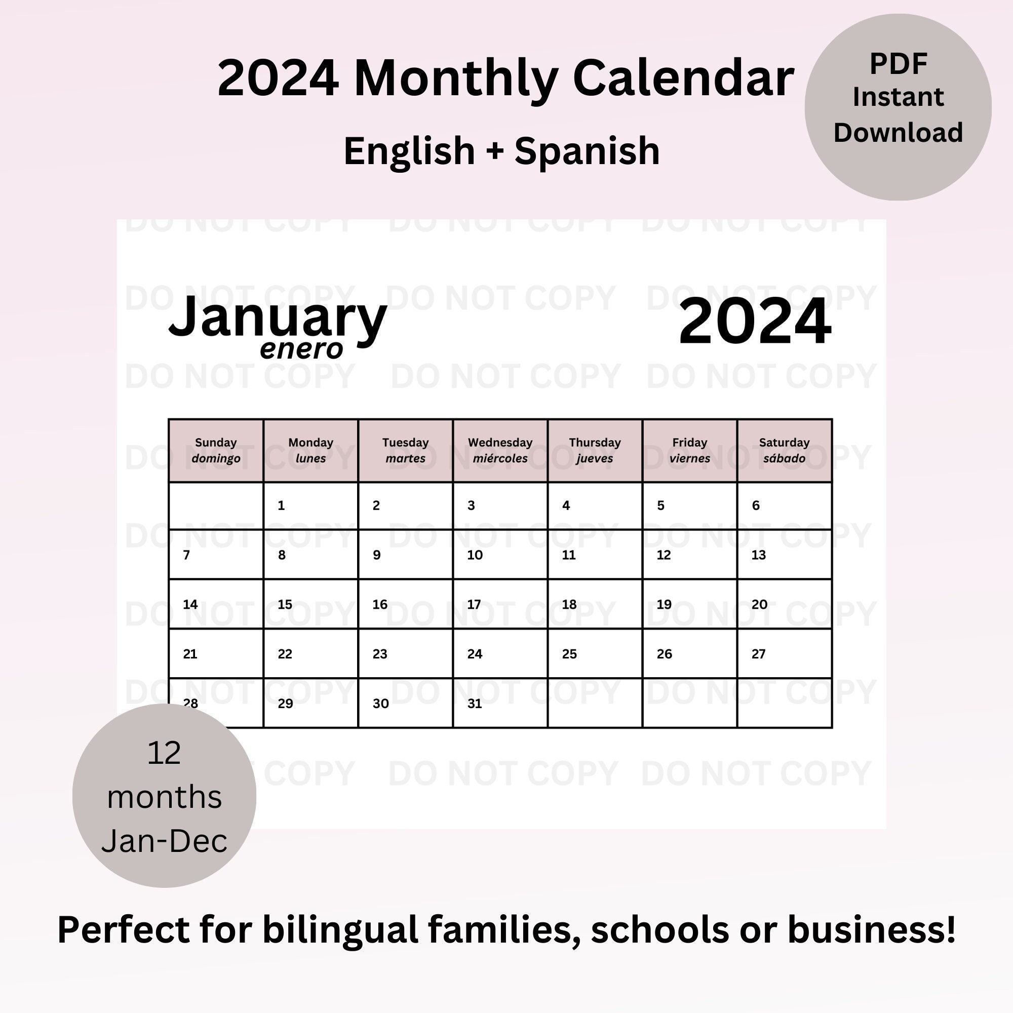 2024 Calendar Printable and PDF Bilingual Monthly Planner Desk Calendar ...