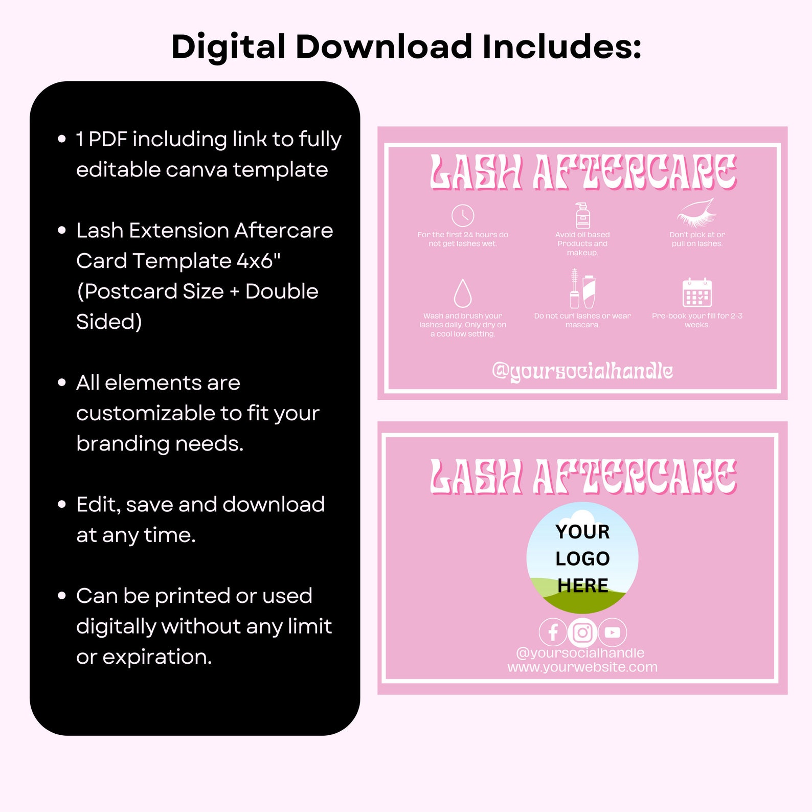 Lash Extension Aftercare Card Template | Canva Editable Post-lash After ...