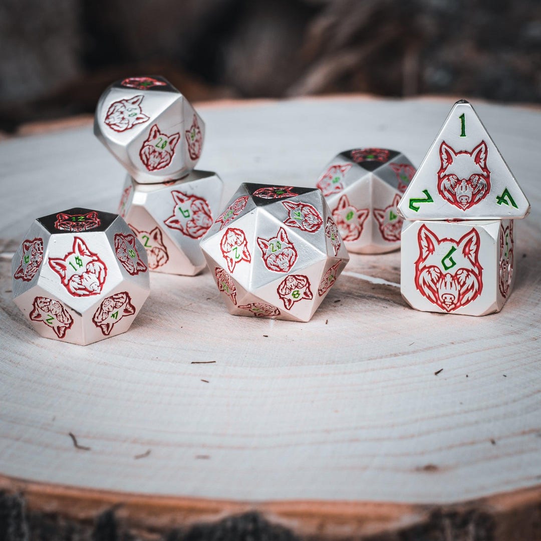 Wolves' Den Red, Green, and Silver Metal Dice Set - Etsy