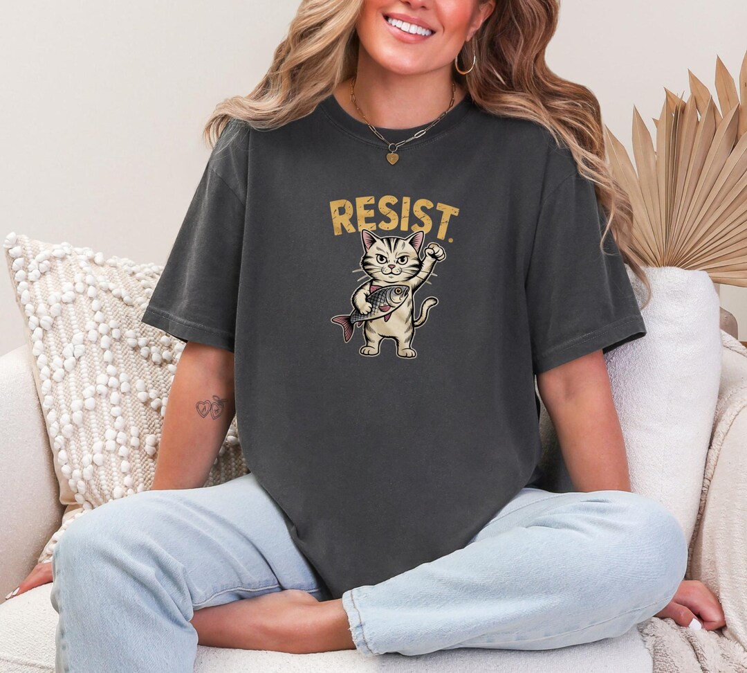 Resist Cat Shirt, Cute Cat Holding Fish Shirt, Protest Cat Graphic Tee ...