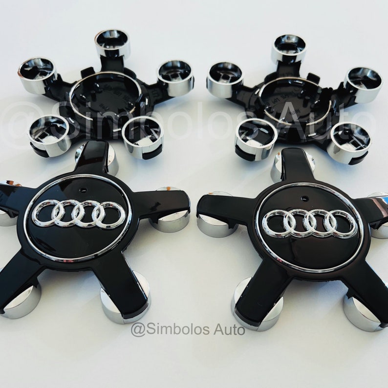 Set of 4 Audi A1 A2 A3 A4 A5 A6 A8 TT Black Logo Hub Caps 60mm, 61mm or ...