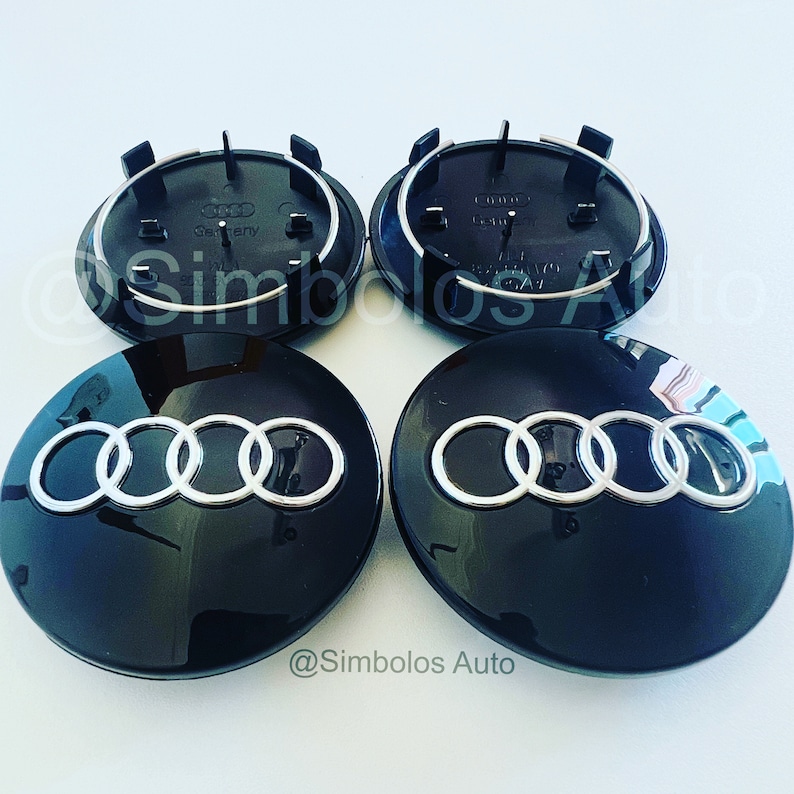 Set of 4 Audi A1 A2 A3 A4 A5 A6 A8 TT Black Logo Hub Caps 60mm, 61mm or ...