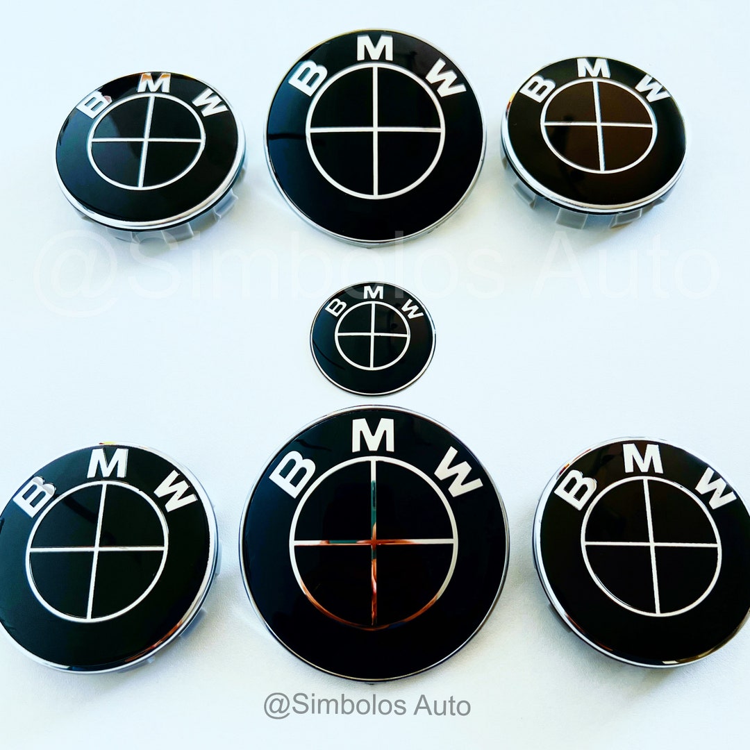 Kit 7 Logos BMW Black Emblem Hood Trunk 74mm 82mm, 4 Wheel Centers 56mm ...