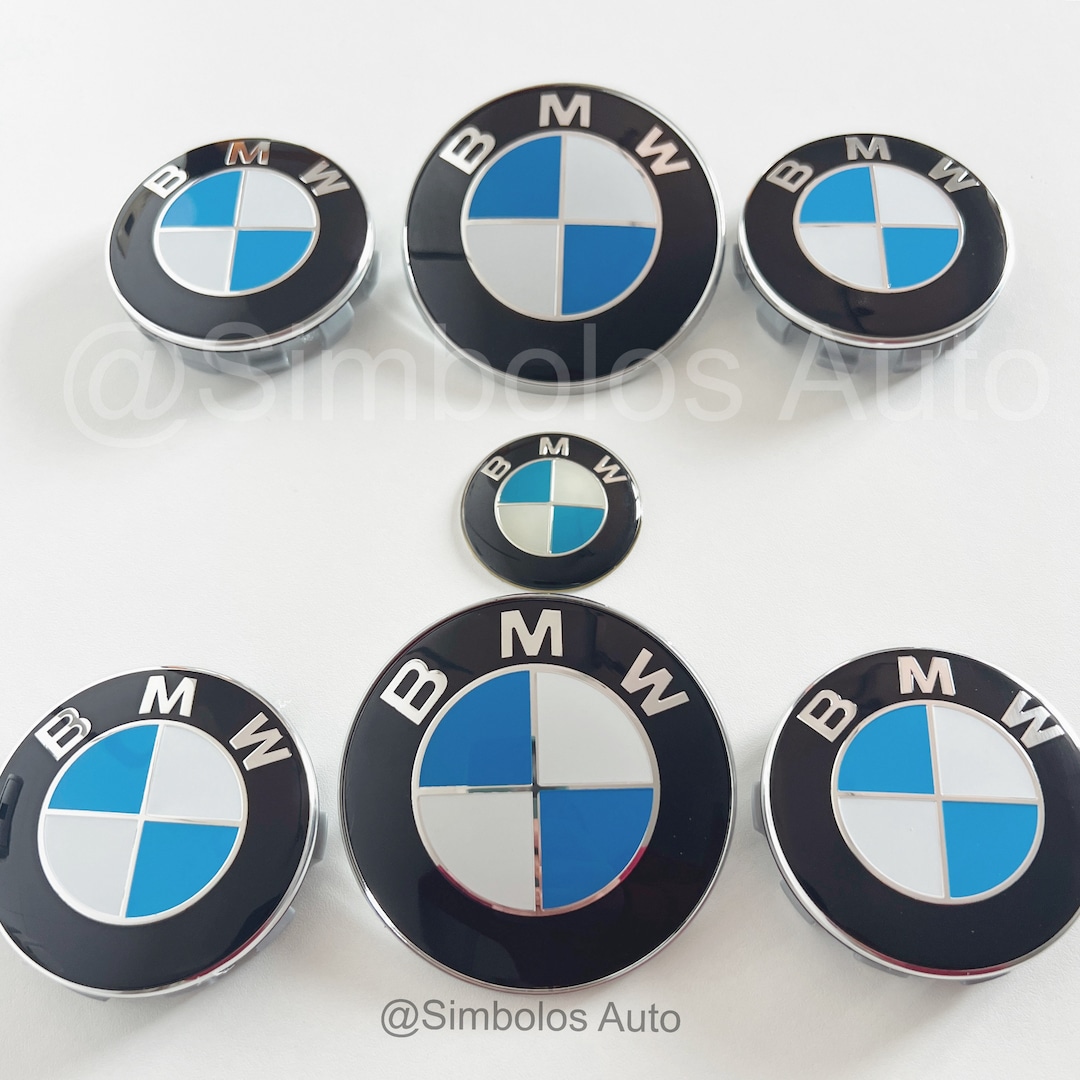 Kit 7 Logos BMW Original Emblem Hood Trunk 74mm 82mm, 4 Wheel Centers ...