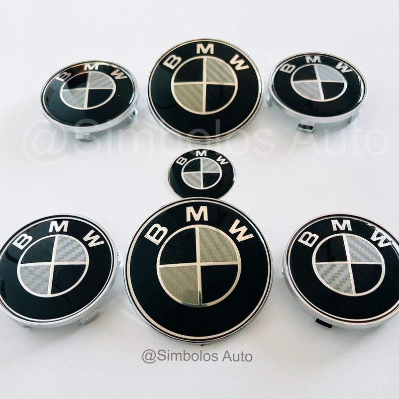 Kit 7 Logos BMW Original Emblem Hood Trunk 74mm 82mm, 4 Wheel Centers ...
