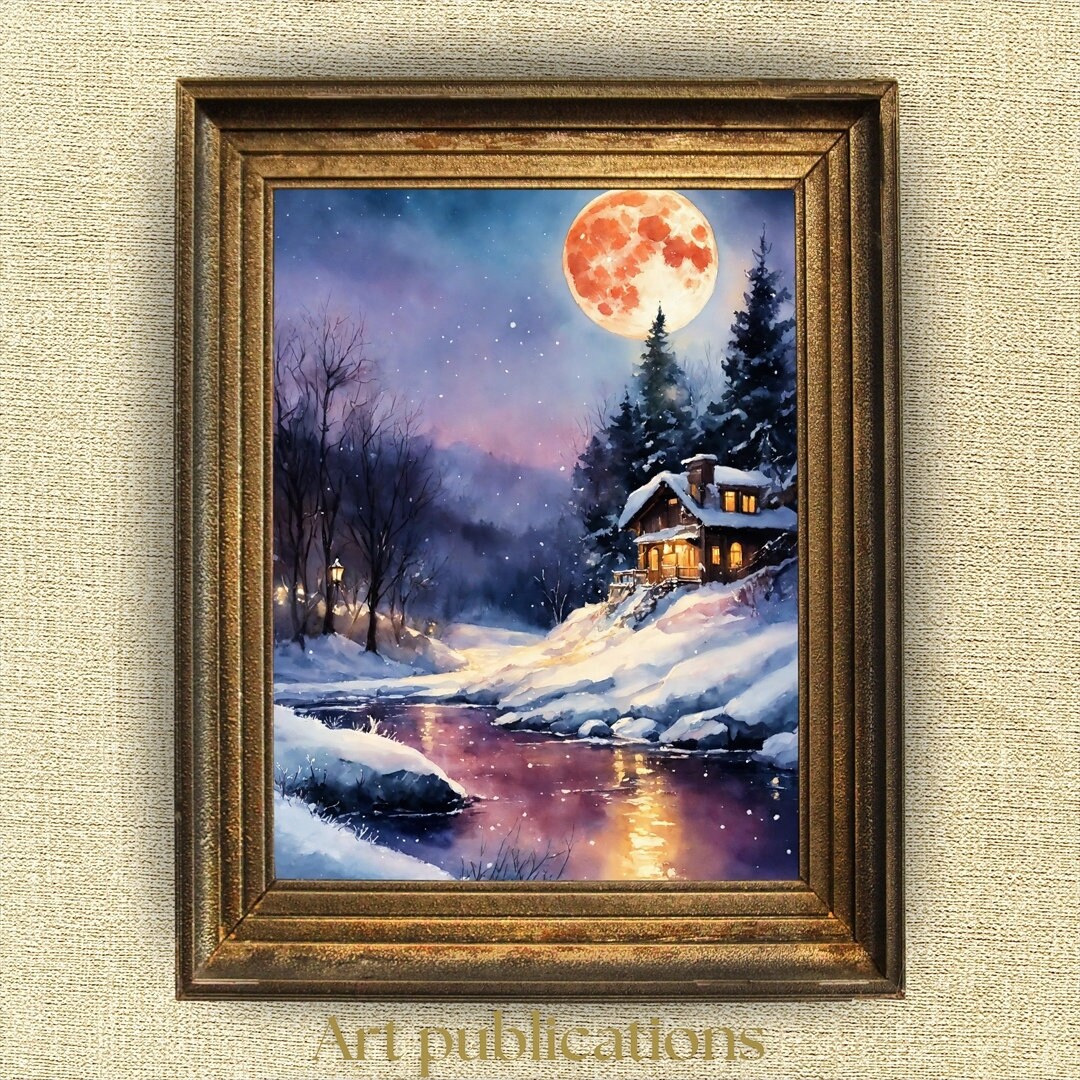 Night Art and Warm Moon Digital Download Digital, Print Night Snow Art ...