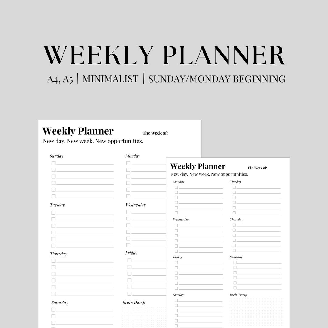 WEEKLY PLANNER- Minimal, Undated, Printable, Downloadable, Weekly ...