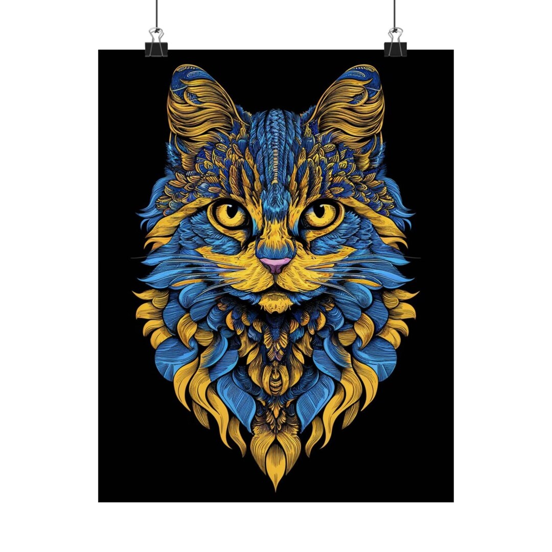 Vibrant Blue Yellow Cat Zentangle Wall Art Print - Etsy