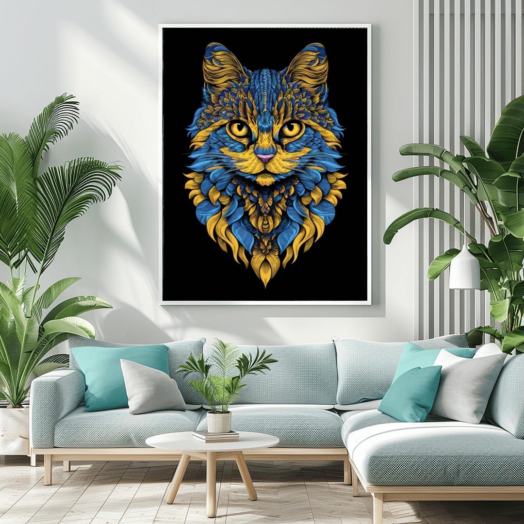 Vibrant Blue Yellow Cat Zentangle Wall Art Print - Etsy