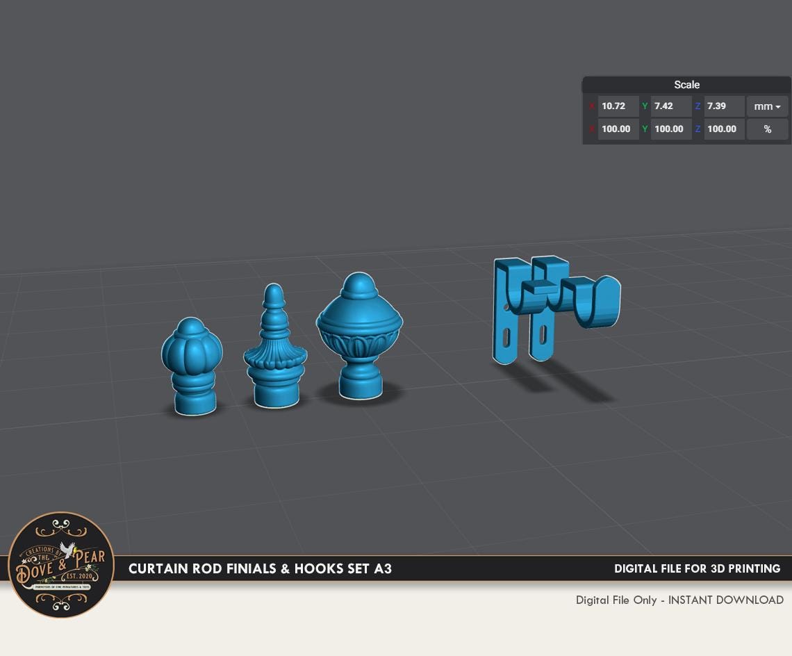 Dollhouse Miniature Curtain Rod Finials & Hooks: 3D Print STL File (A3 ...