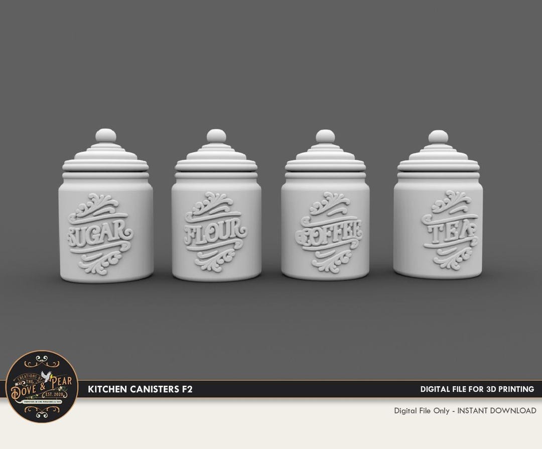 Dollhouse Kitchen Canisters: Flour, Sugar, Coffee, Tea - 3D Print STL ...