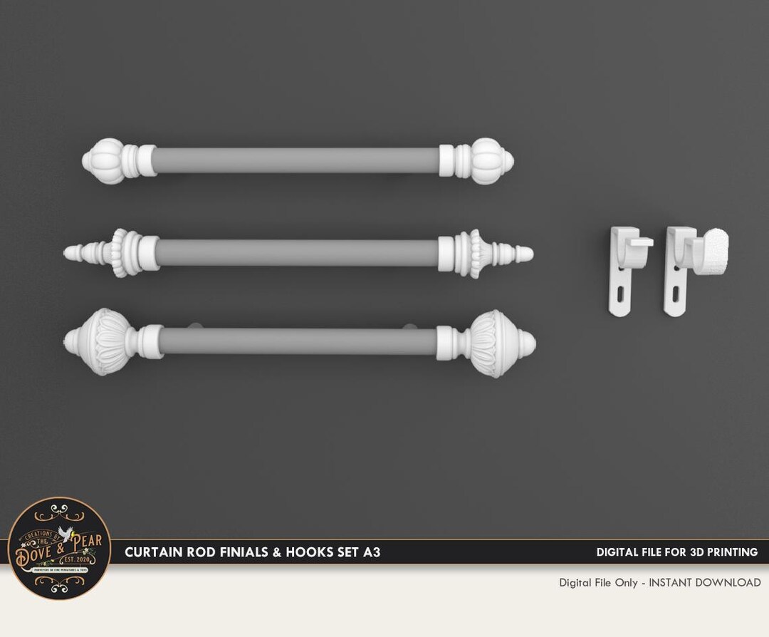 Dollhouse Miniature Curtain Rod Finials & Hooks: 3D Print STL File (A3 ...