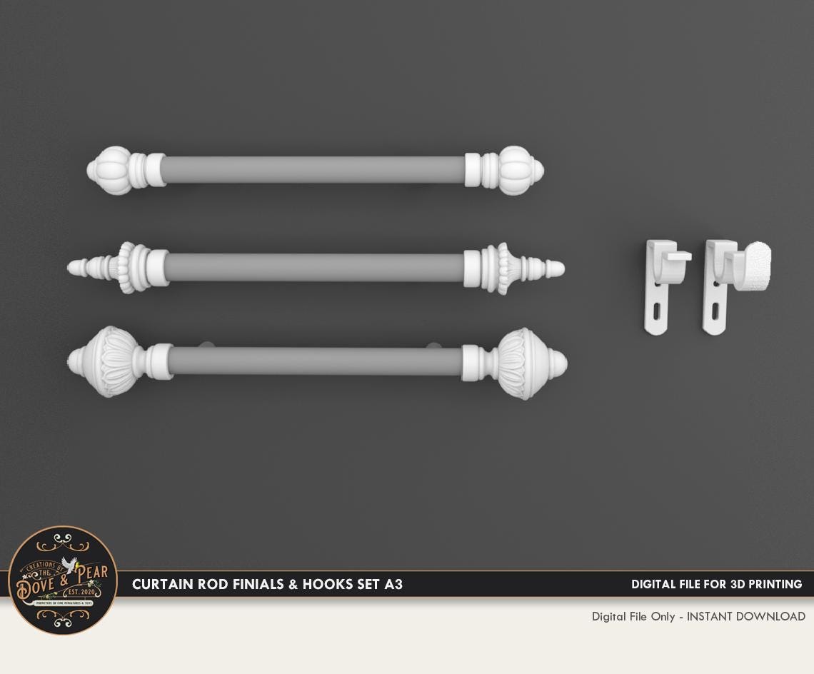 Dollhouse Miniature Curtain Rod Finials & Hooks: 3D Print STL File (A3 ...