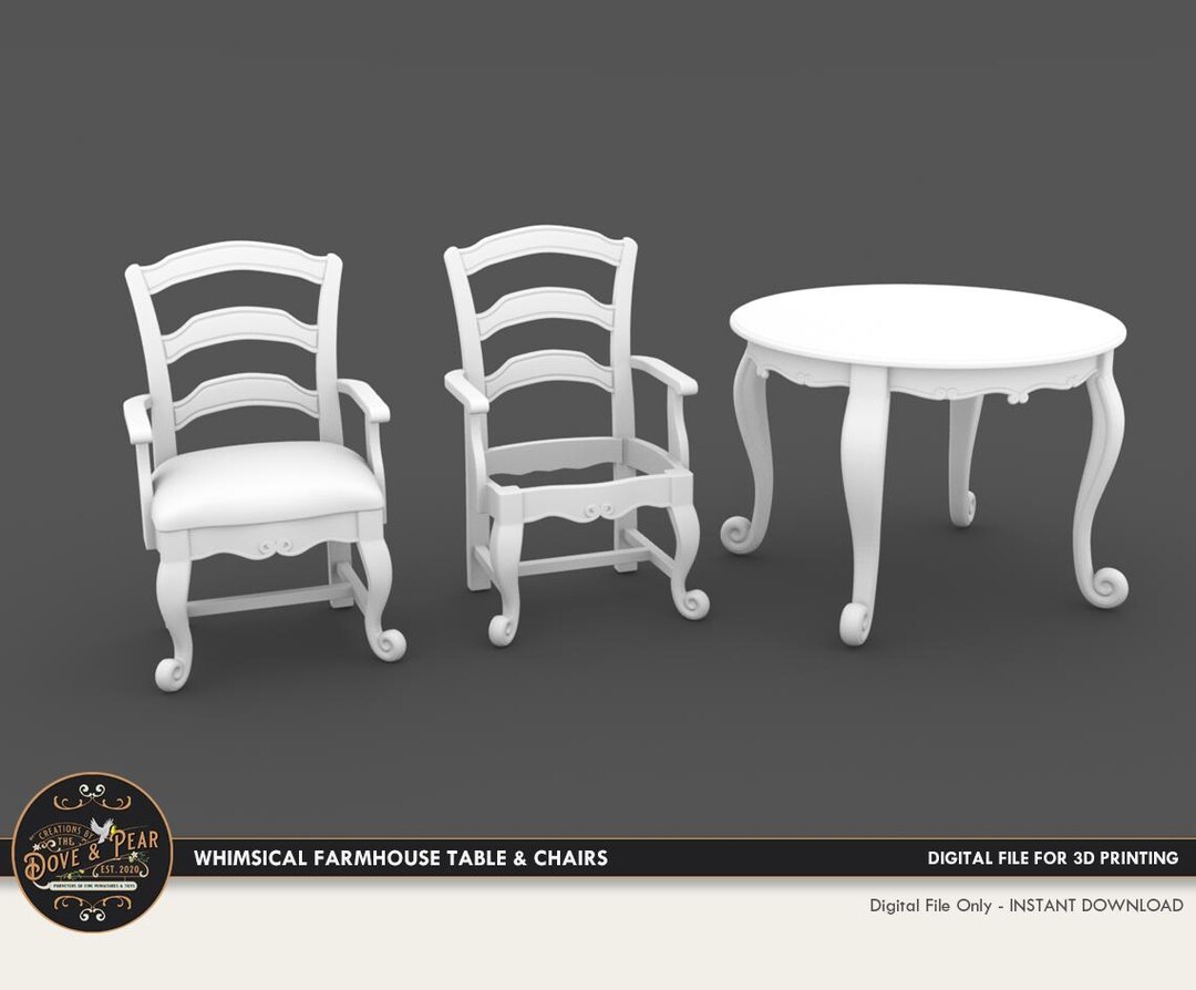 Dollhouse Miniature Farmhouse Dining Table & Chairs 3D Print (STL File ...