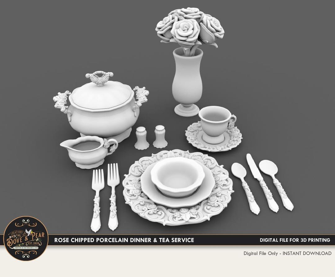 1:12 Rose Porcelain Dishes Cutlery, Teacup Tea Set, Plates Dollhouse ...