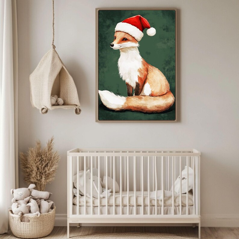 Christmas Fox Santa Hat Art Print: Festive Farmhouse Decor (digital ...