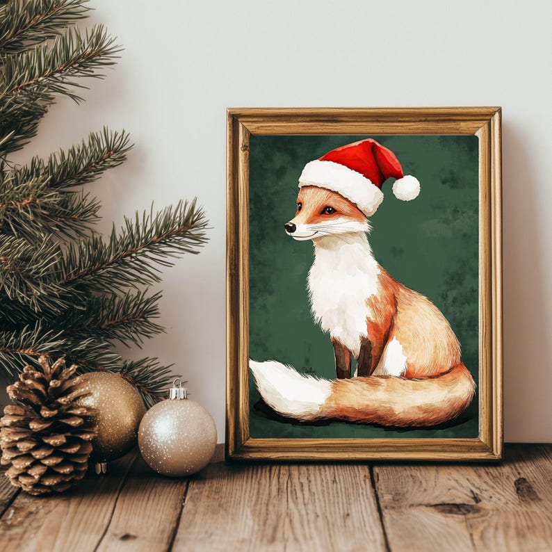 Christmas Fox Santa Hat Art Print: Festive Farmhouse Decor (digital ...