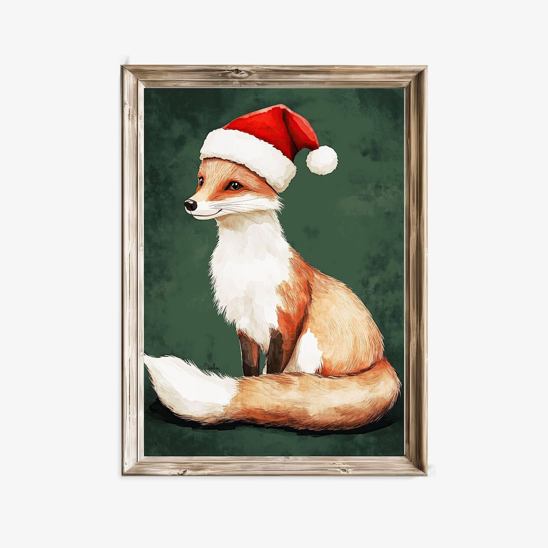 Christmas Fox Santa Hat Art Print: Festive Farmhouse Decor (digital ...
