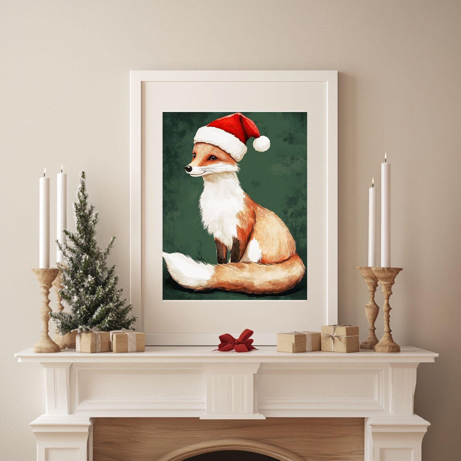 Christmas Fox Santa Hat Art Print: Festive Farmhouse Decor (digital ...